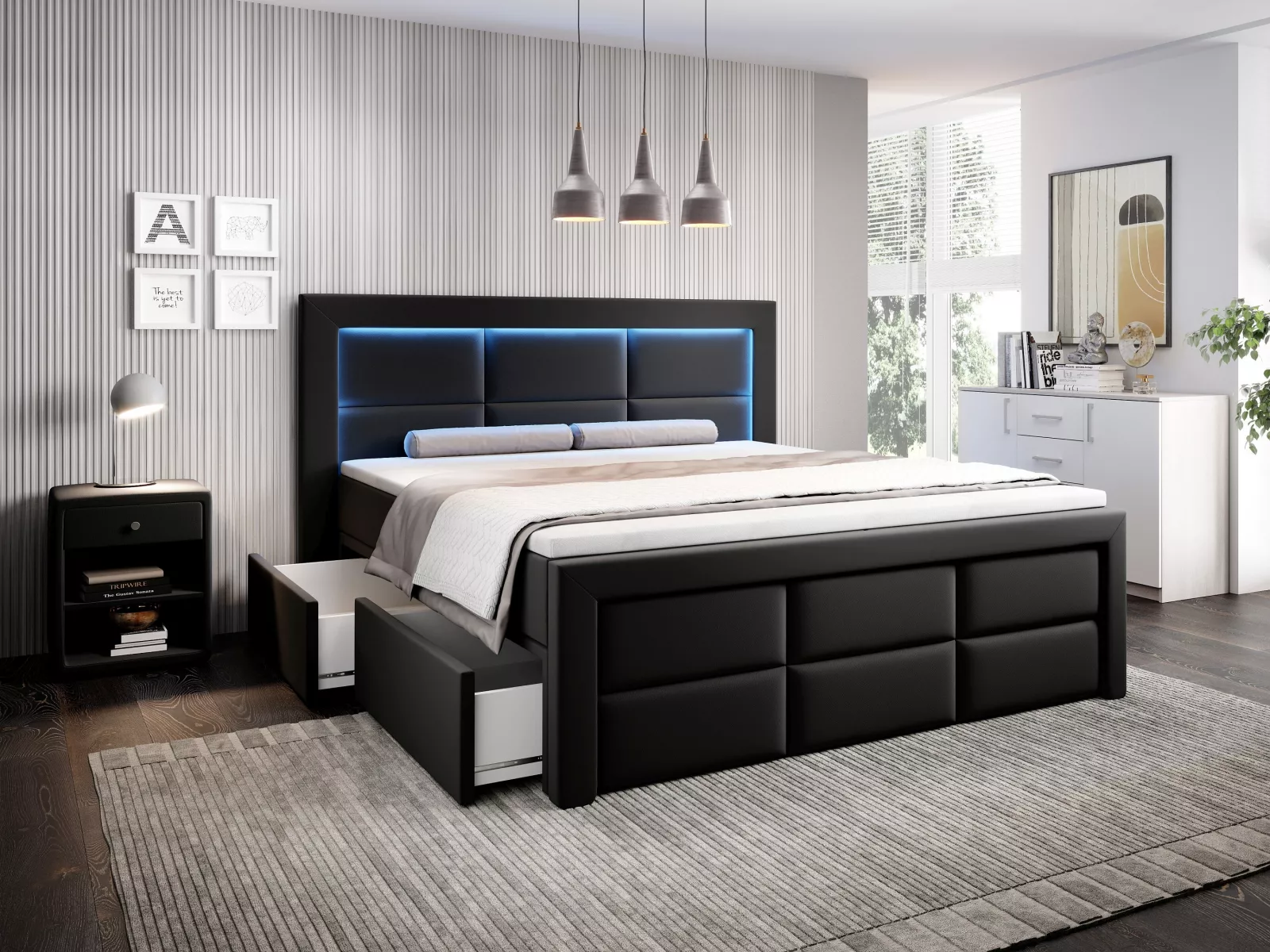 Boxspringbett Aspen Lux, mit LED-Licht mit Farbauswahl, 2 Bettkästen ...